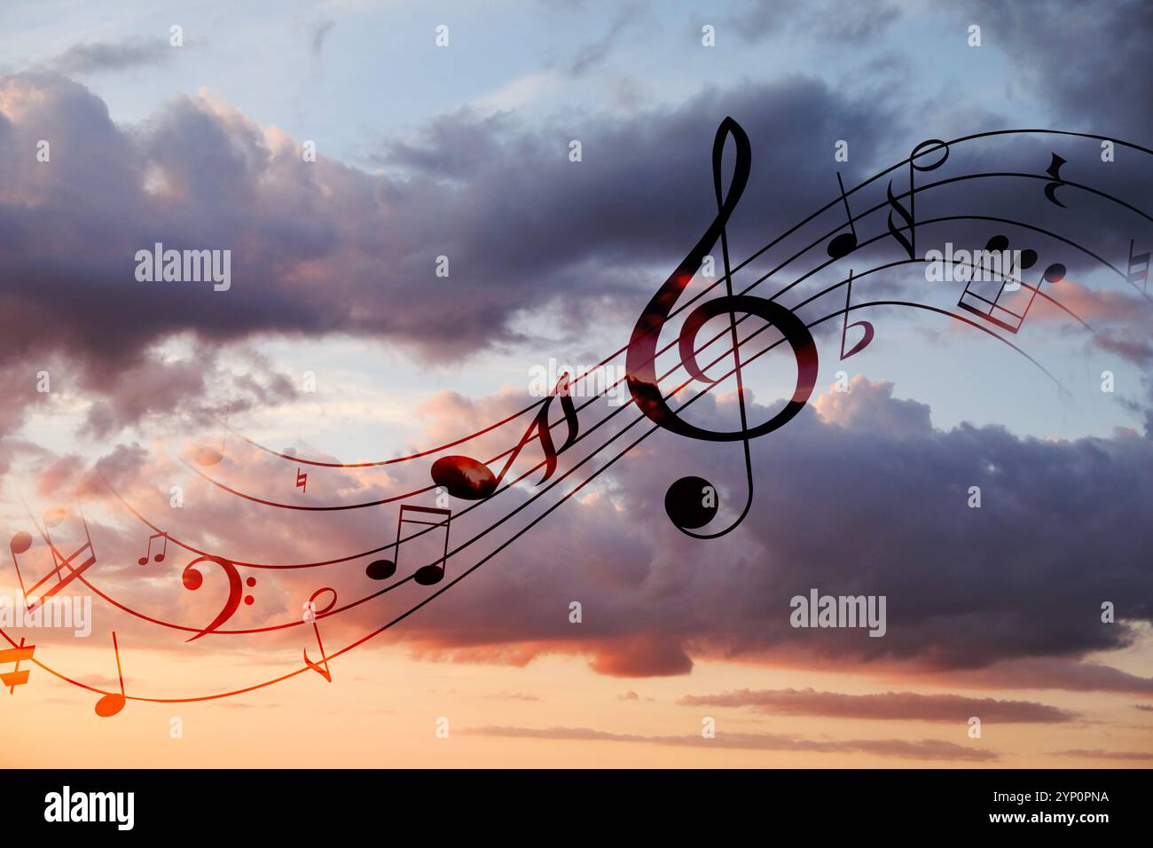 Musical symbols in beautiful sunset sky with clouds Stock Photo - Alamy