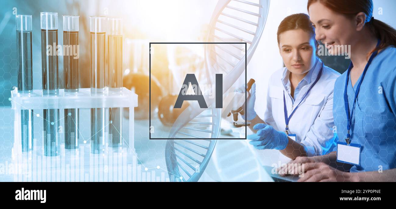 Artificial intelligence in medicine. Laboratory workers, test tubes and ...
