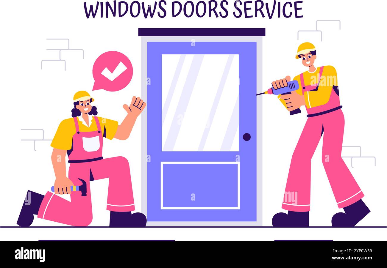 Windows and Doors Installation Service Vector Illustration featuring a ...