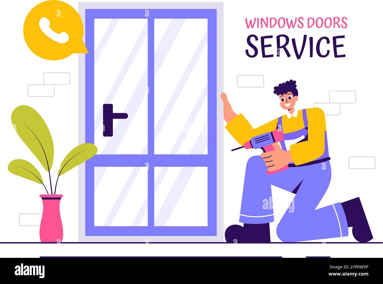 Windows and Doors Installation Service Vector Illustration featuring a ...