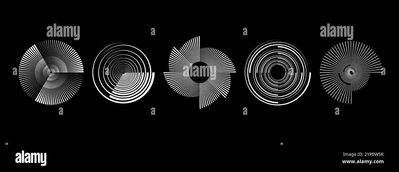Radial abstract spiral pattern set. Rotating circle sound wave concepts ...