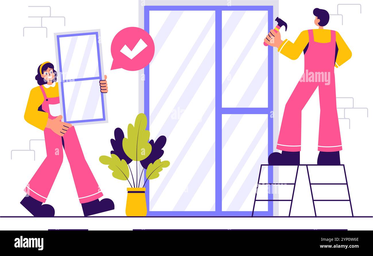 Windows and Doors Installation Service Vector Illustration featuring a ...