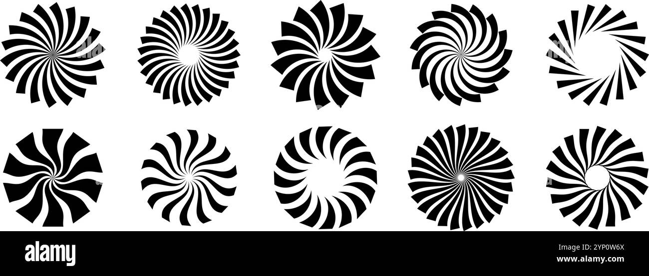 Set of black circle rotating rays and beams. Radial sunburst element ...