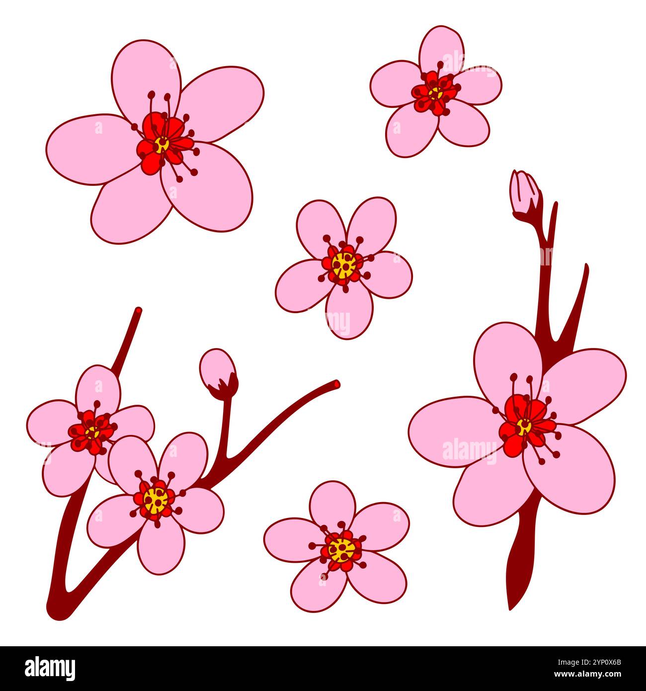 Plum blossom. A set of blooming plum flowers, simple icon clipart ...