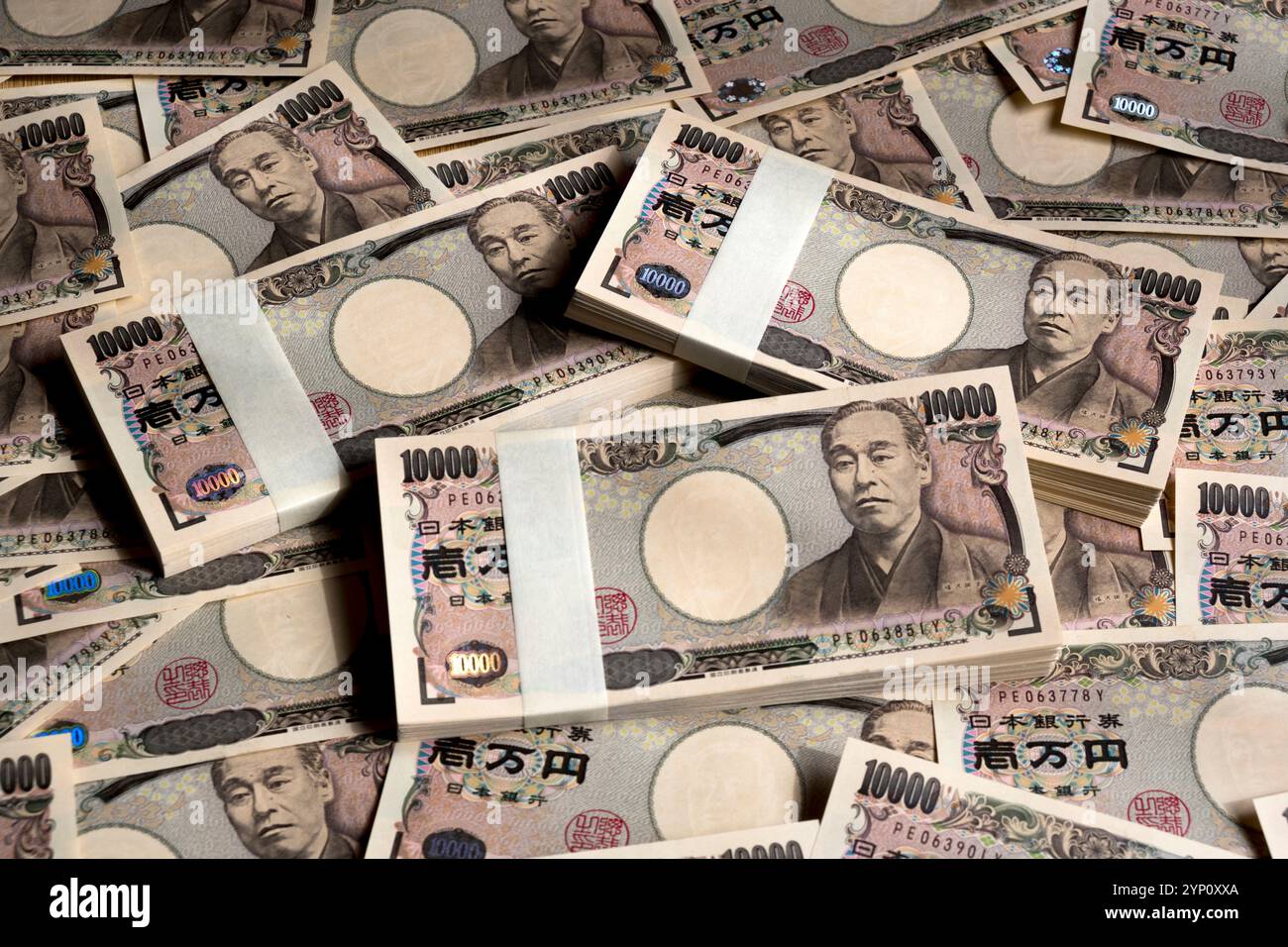 Pattern of Japanese Yen in large 10,000 Yen banknotes creating a ...