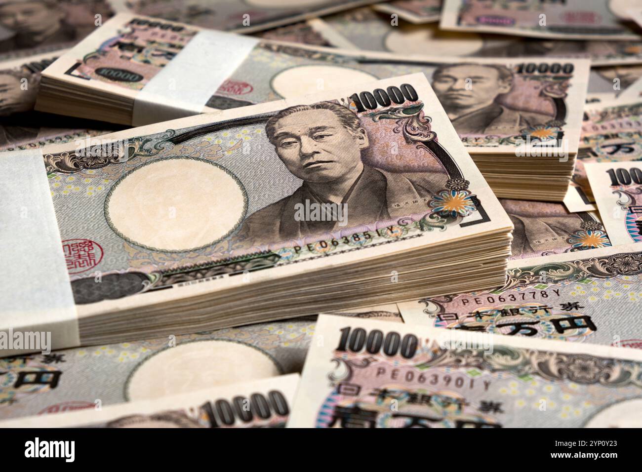 Pattern of Japanese Yen in large 10,000 Yen banknotes creating a ...