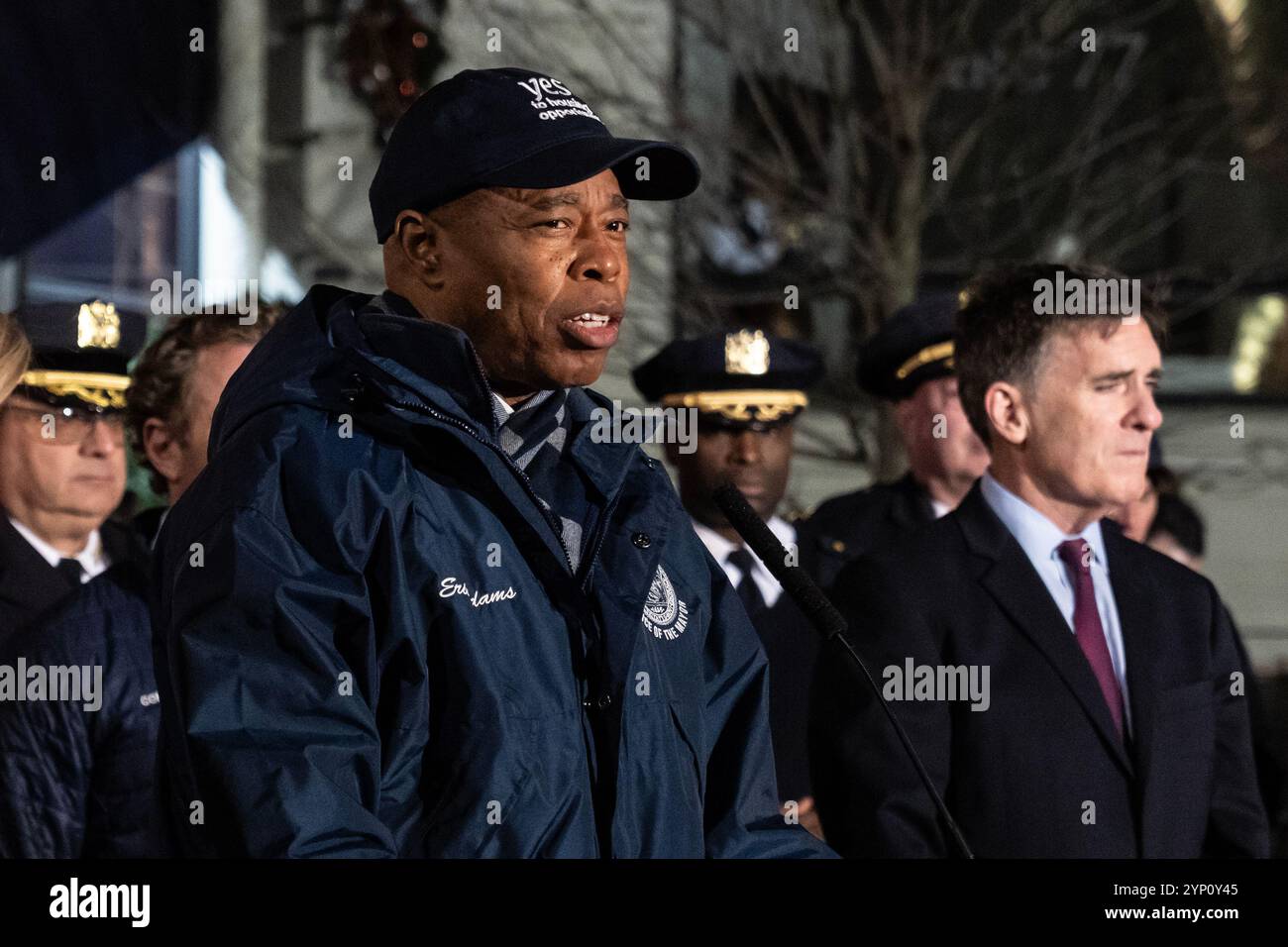 Mayor Eric Adams speaks during Macy's Thanksgiving Day Parade safety ...