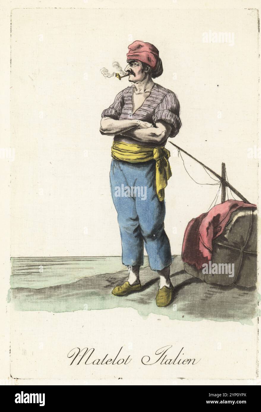 Costume of an Italian sailor smoking a pipe, 18th century. He wears a ...