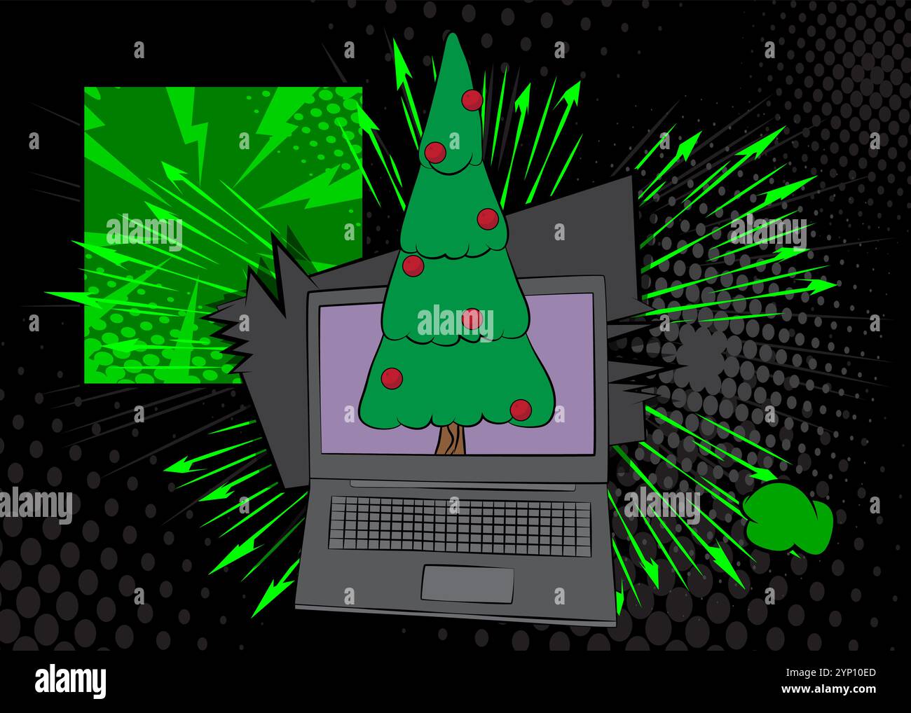 Cartoon Laptop, comic book Notebook with Christmas decorated pine tree ...
