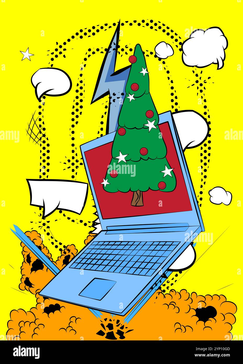 Cartoon Laptop, comic book Notebook with Christmas decorated pine tree ...