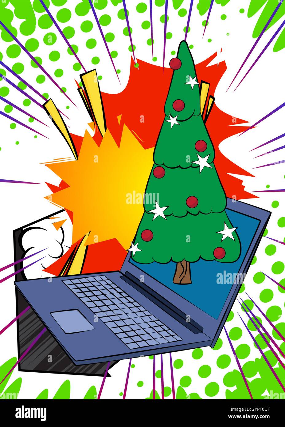 Cartoon Laptop, comic book Notebook with Christmas decorated pine tree ...