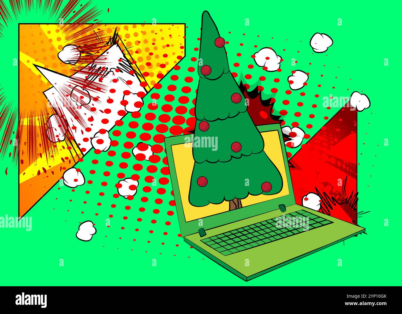Cartoon Laptop, comic book Notebook with Christmas decorated pine tree ...