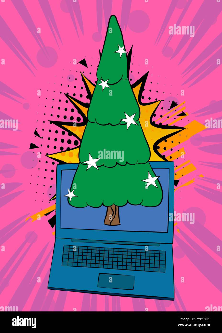 Cartoon Laptop, comic book Notebook with Christmas decorated pine tree ...