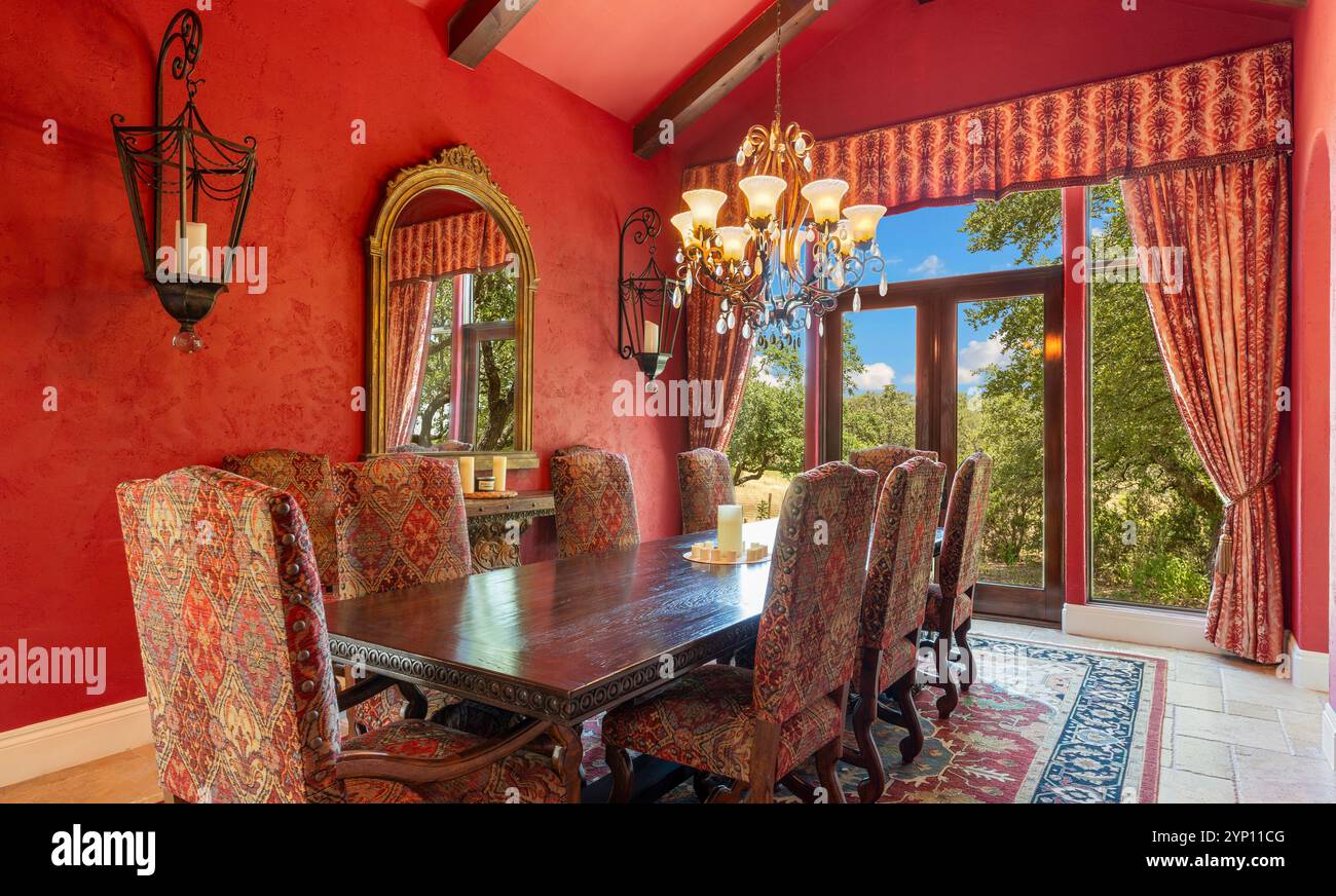Elegant dining room with rich decor and scenic views in a modern home ...
