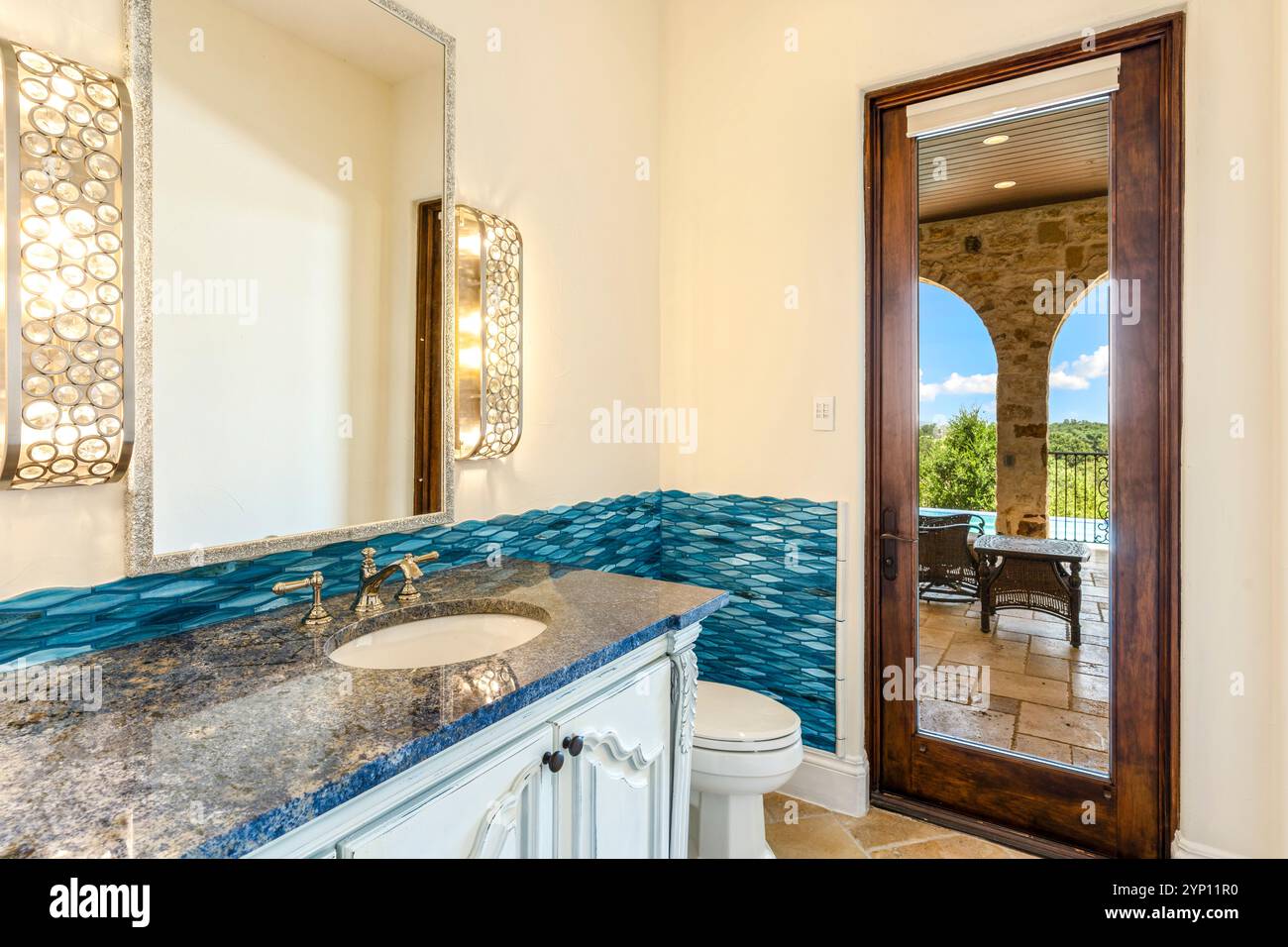 Elegant bathroom with modern design and scenic view of nature Stock ...
