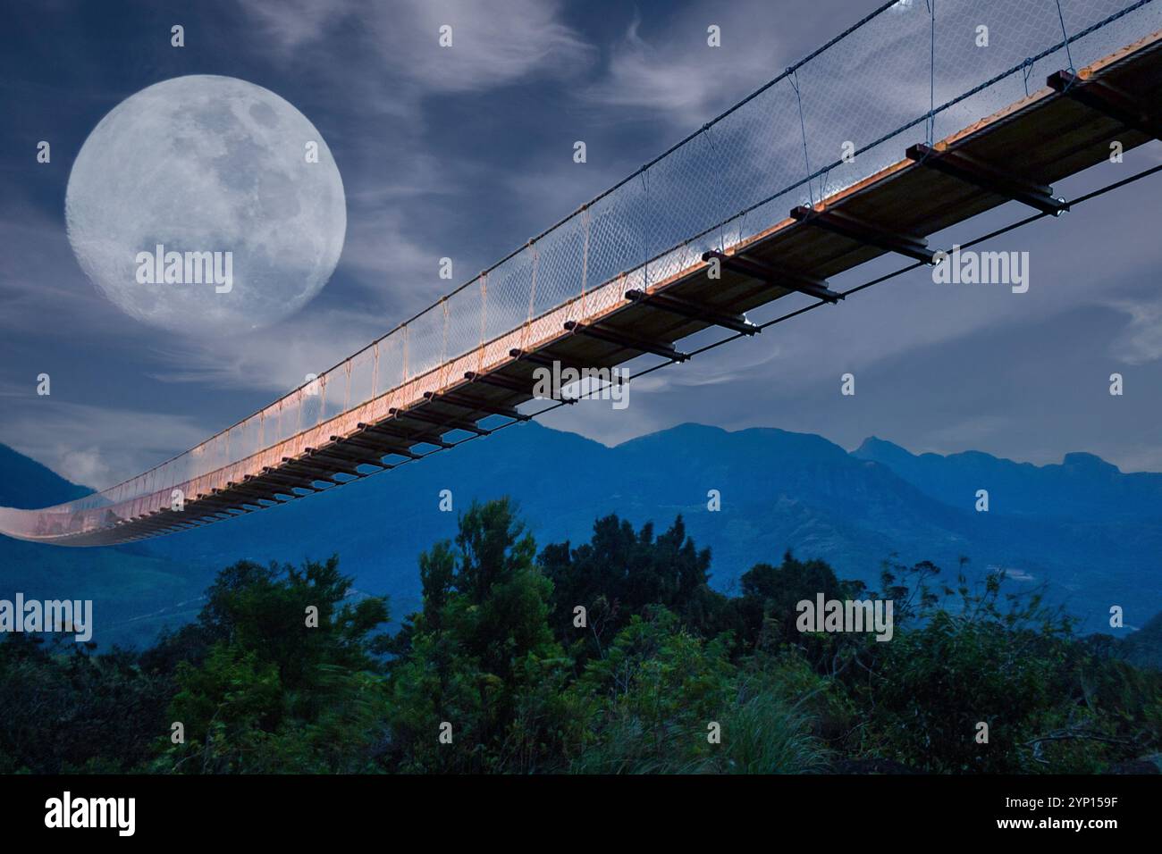 A Beautifully Suspended Bridge Residing Under a Full Moon in a Mystical ...