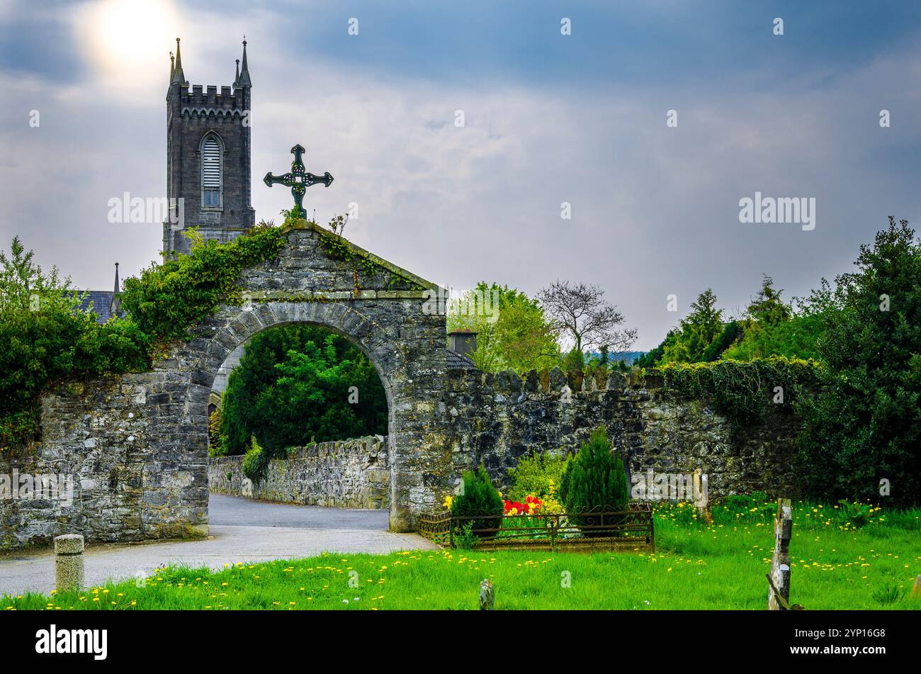 Historic Irish Stone Archway and Church Tower Amidst Lush Greenery ...