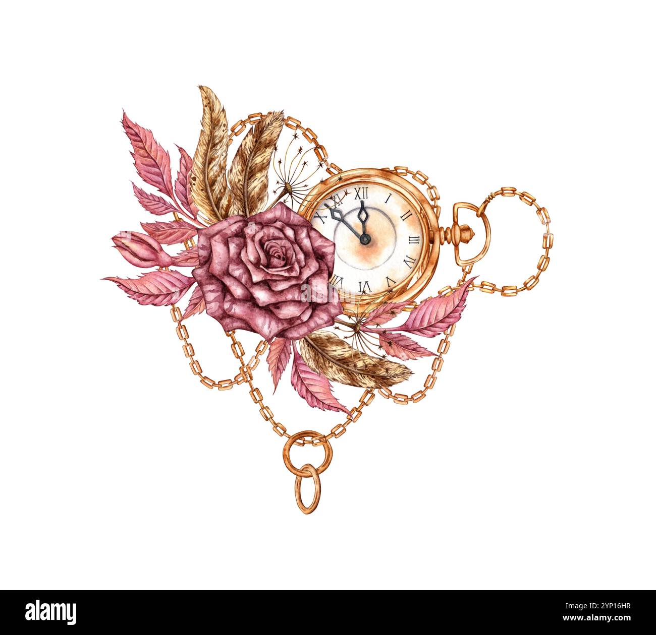 Pocket watch gold and roses burgundy gothic, feather chains, grass ...