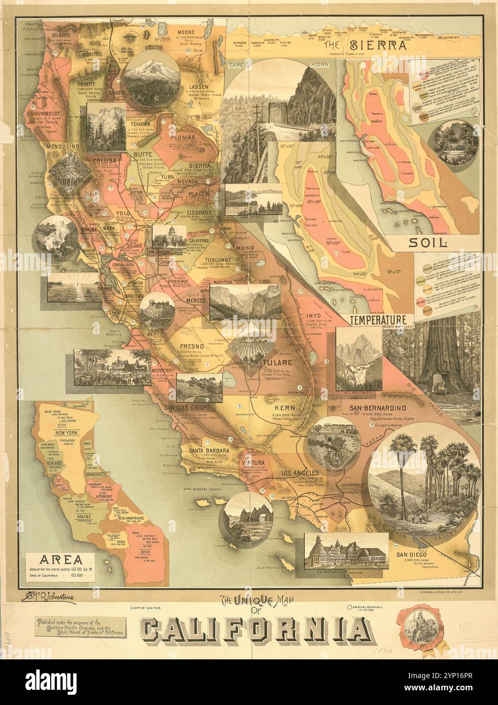 The unique map of California 1890 by Johnstone, E. McD Stock Photo - Alamy
