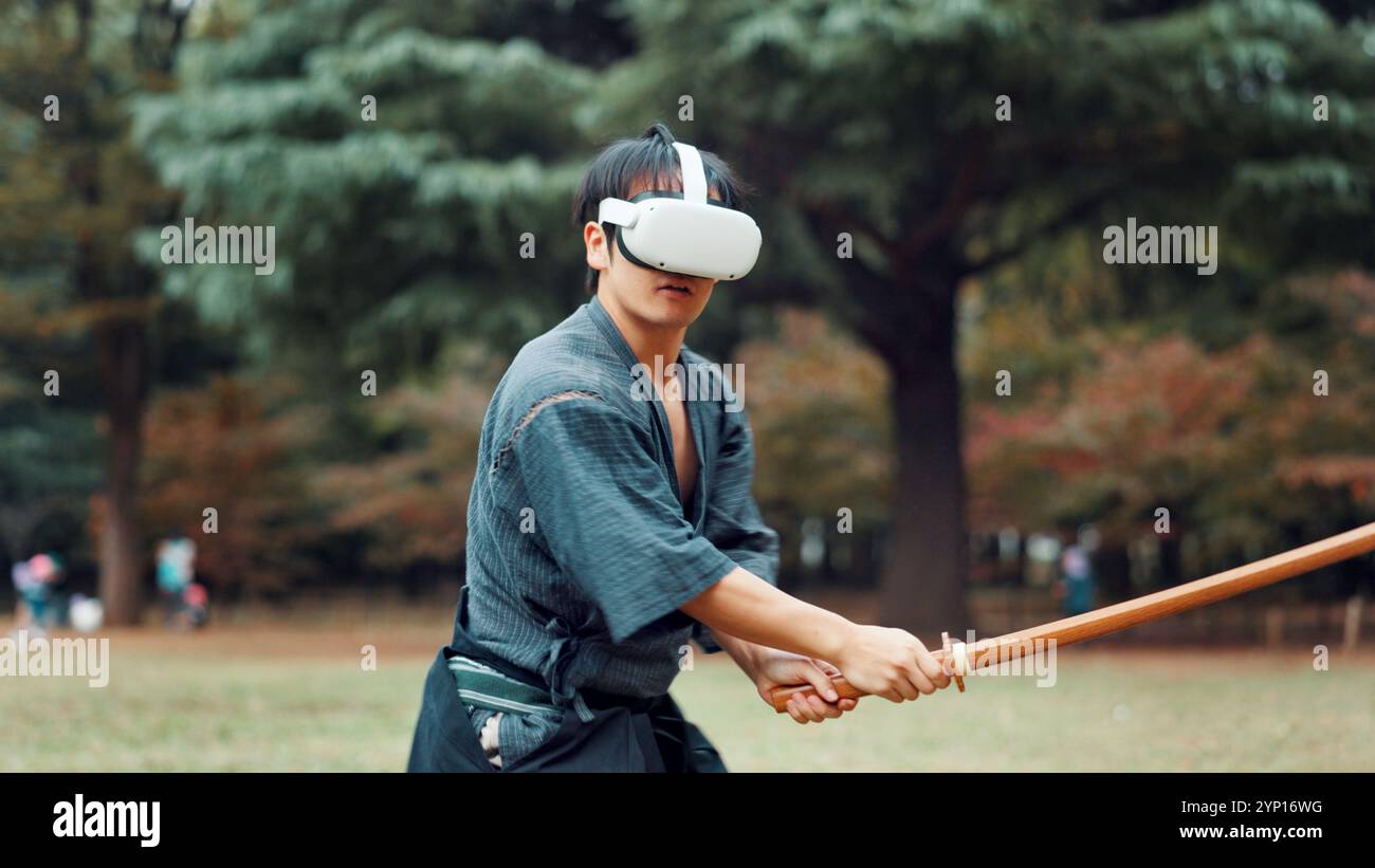 Virtual reality, bamboo sword and Asian man for martial arts, Kendo ...