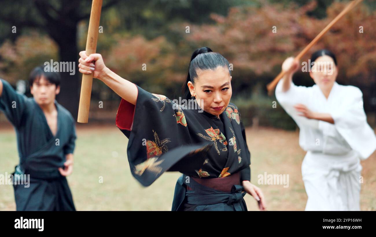 Martial arts, Japanese people and instructor with wood sword for fight ...