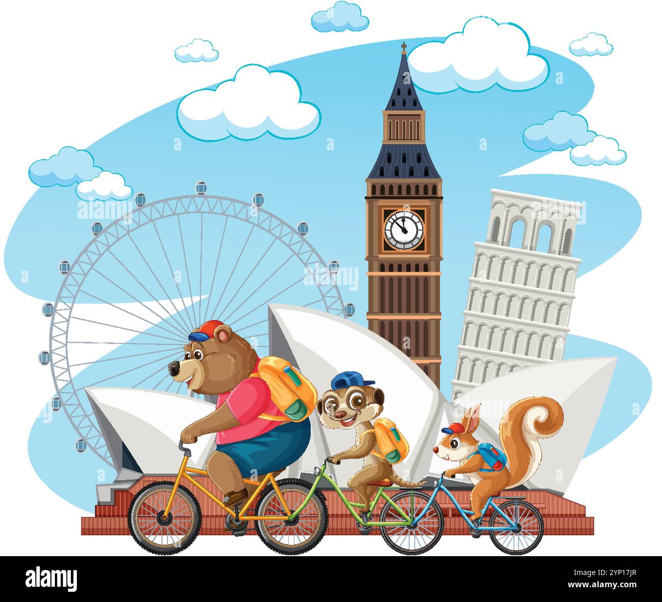 Animals cycling past famous global landmarks together Stock Vector ...