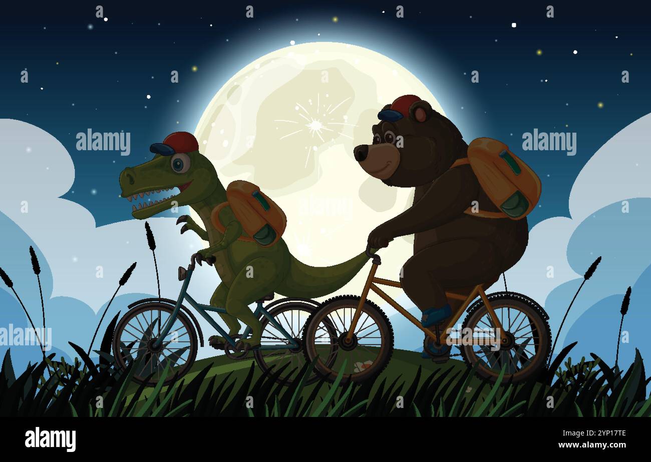 A dinosaur and bear ride bikes under moonlight Stock Vector Image & Art ...