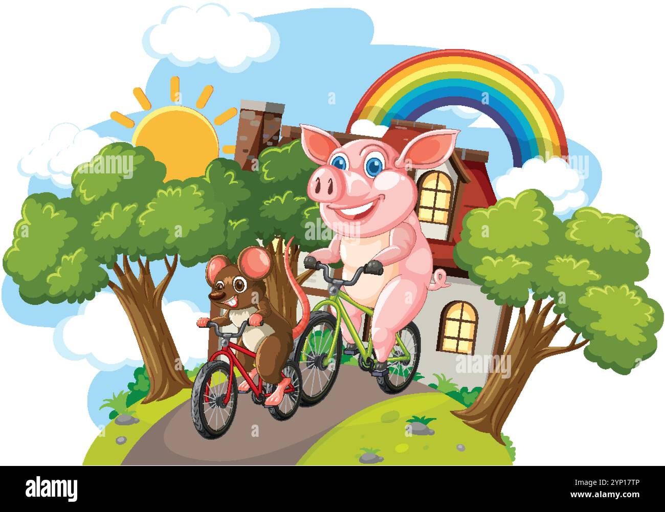 Pig and mouse riding bikes under a rainbow Stock Vector Image & Art - Alamy