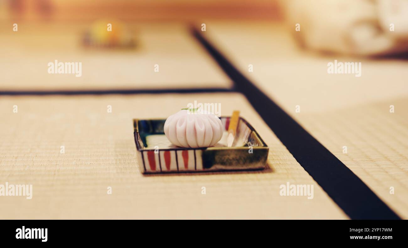 Serving, ceremony and sweet with wagashi on tatami floor for ...