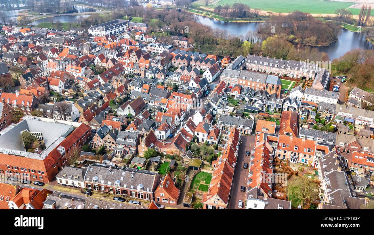 Aerial top view of Naarden city fortified walls in star shape and ...