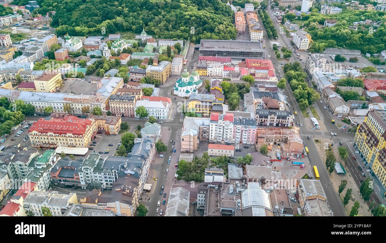 Aerial top view of Kyiv cityscape, Podol historical district skyline ...