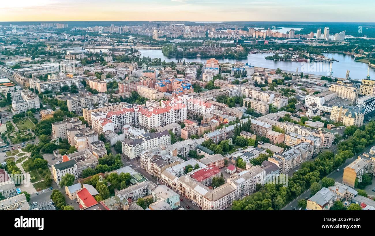 Aerial top view of Kyiv cityscape, Dnieper river and Podol historical ...