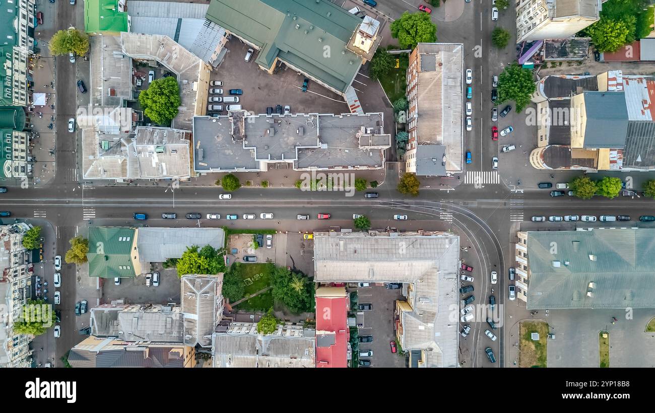 Aerial top view of Kyiv cityscape, Podol historical district skyline ...