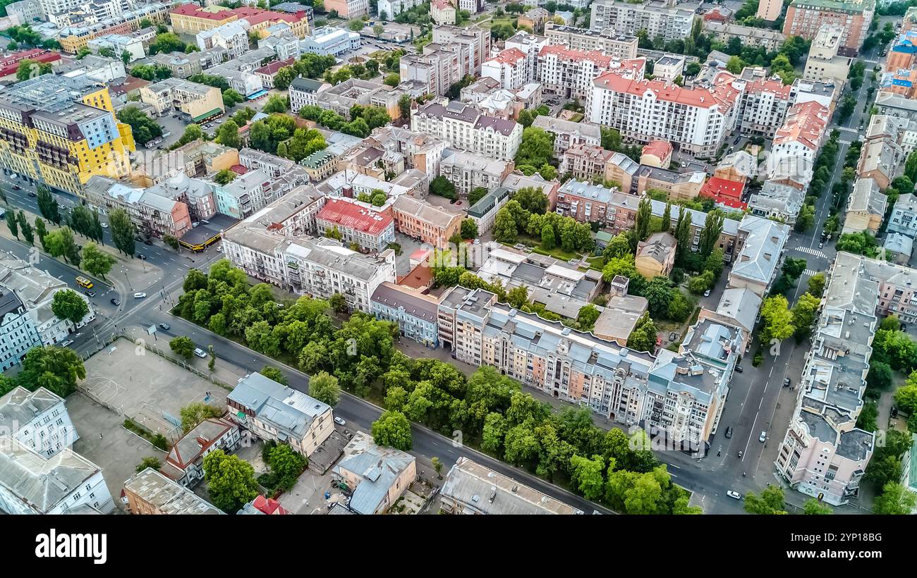 Aerial top view of Kyiv cityscape, Podol historical district skyline ...