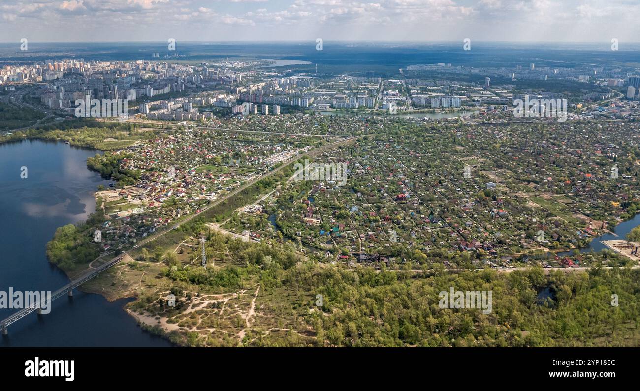 Aerial top view of Kiev city from above, Kyiv skyline, hills ...