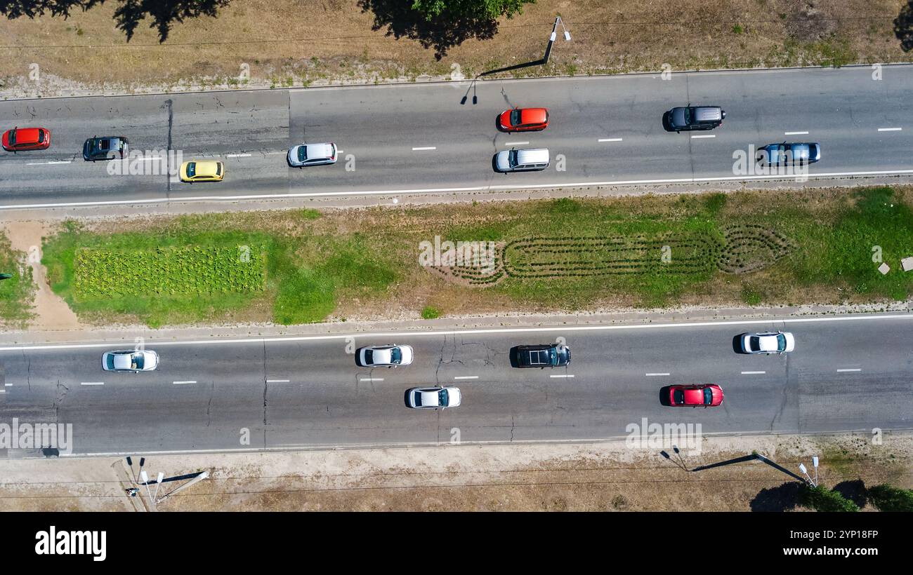 Aerial top view of road from above, automobile traffic of many cars ...