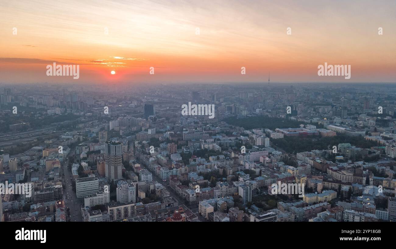Aerial top view of Kiev city skyline on sunset from above, Kyiv center ...