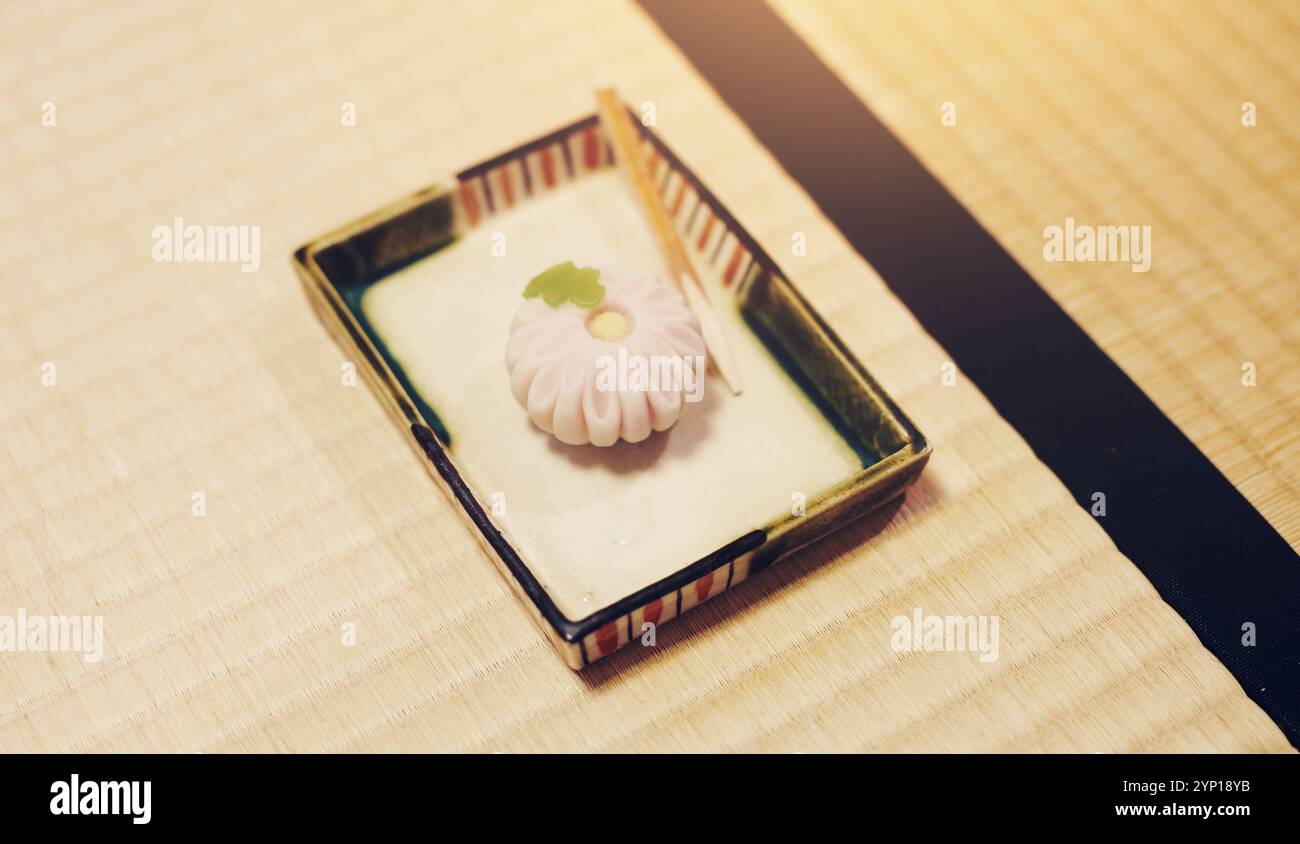 Above, ceremony and sweet snack with wagashi on tatami floor for ...