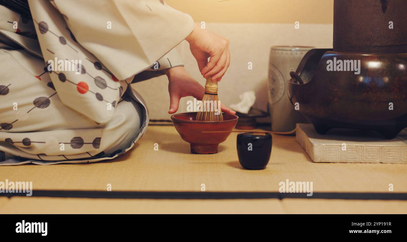 Hands, Japanese and tea ceremony for culture, heritage and respect as ...