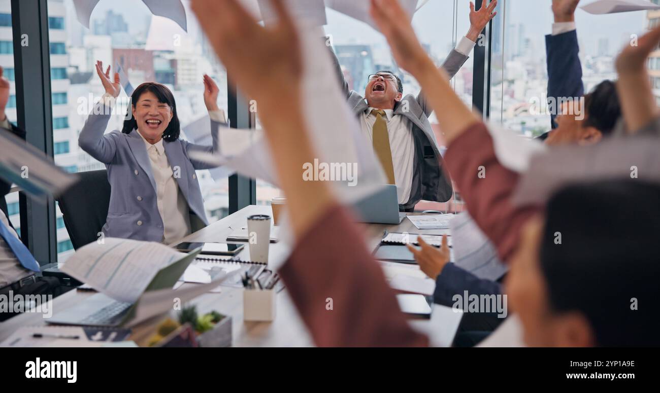 Business people, paper throw and office cheer with success, opportunity ...