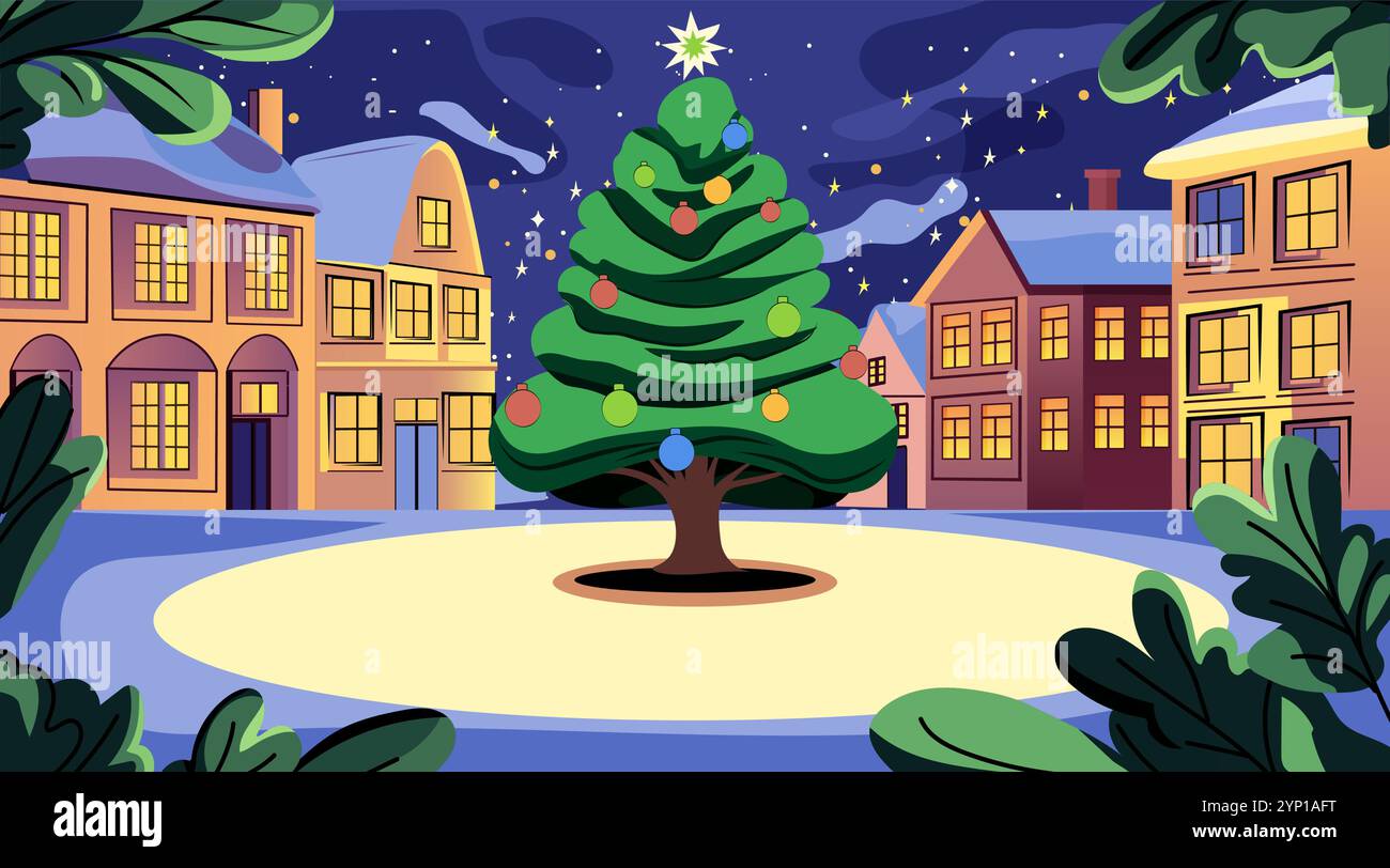 Christmas tree town square festive night scene colorful houses starry ...