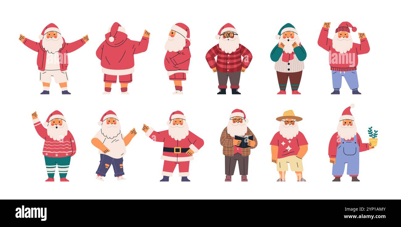 Santa Claus characters in various outfits and poses colorful attire ...