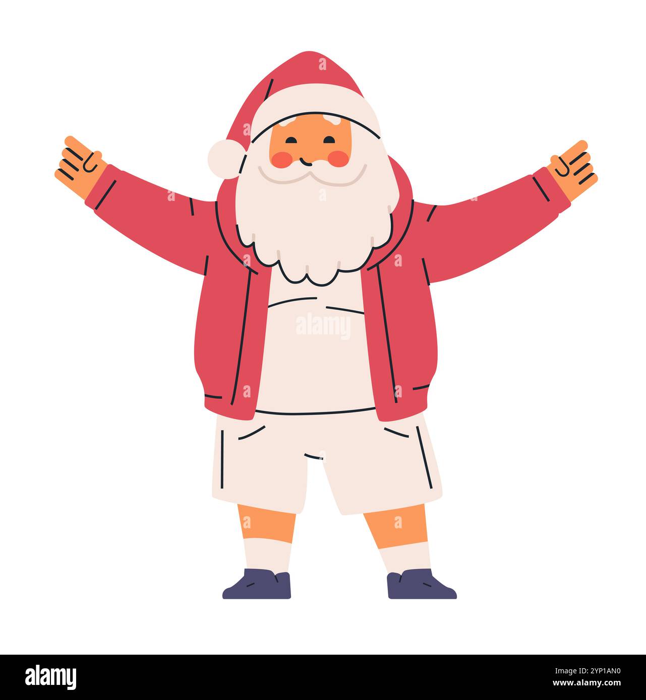 Santa Claus in summer attire joyful theme. Santa wearing shorts and a red jacket arms wide open ...