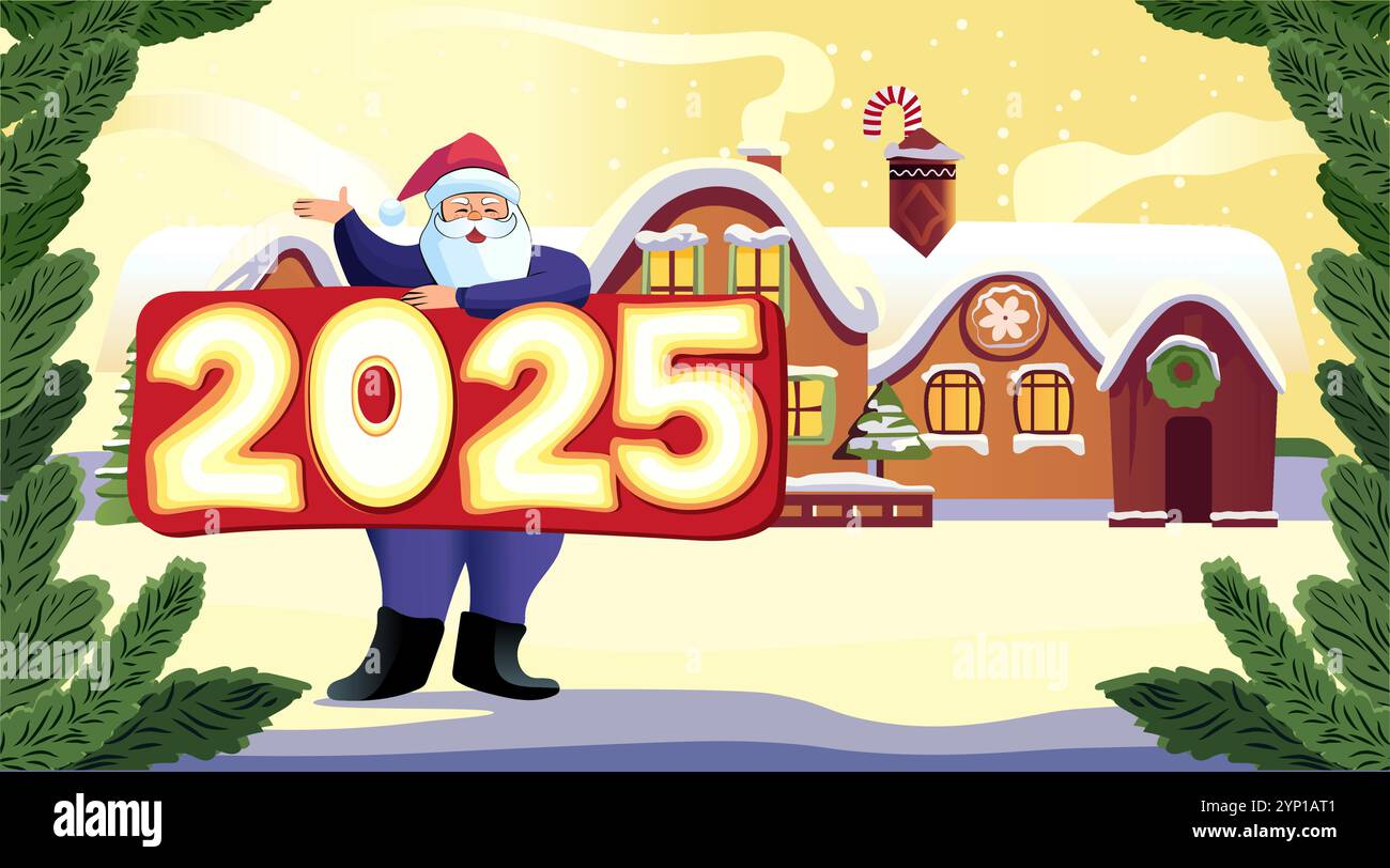 Santa Claus holding 2025 sign festive winter scene snowy house pine ...