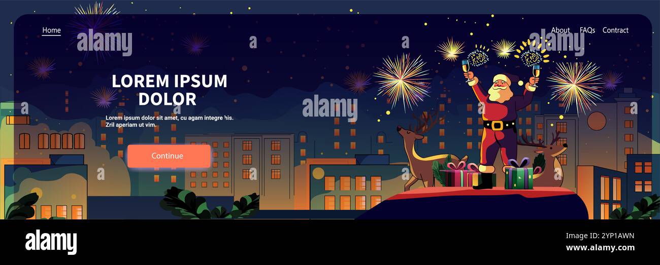 Santa Claus celebrating with fireworks night cityscape. Festive holiday ...