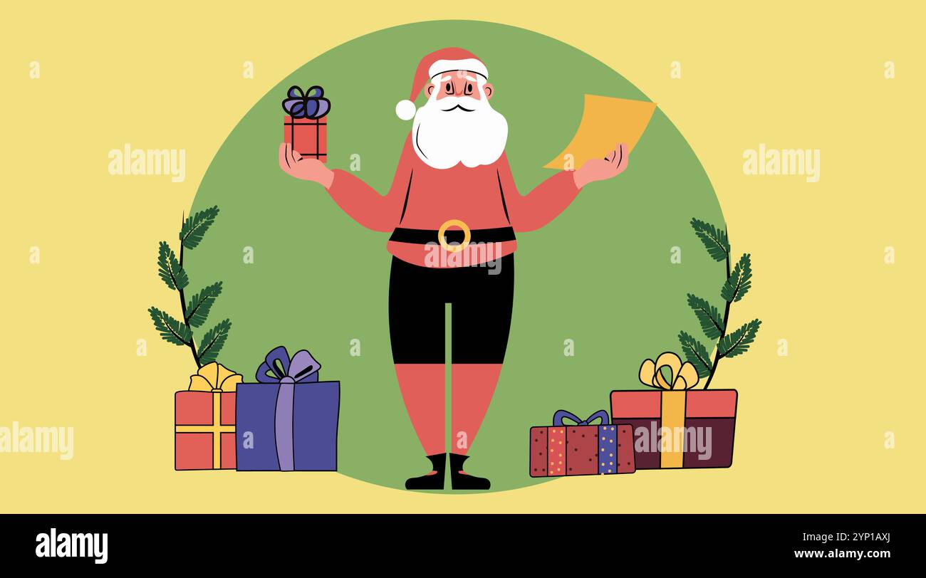 Santa holding gift and list Christmas theme festive scene with presents ...