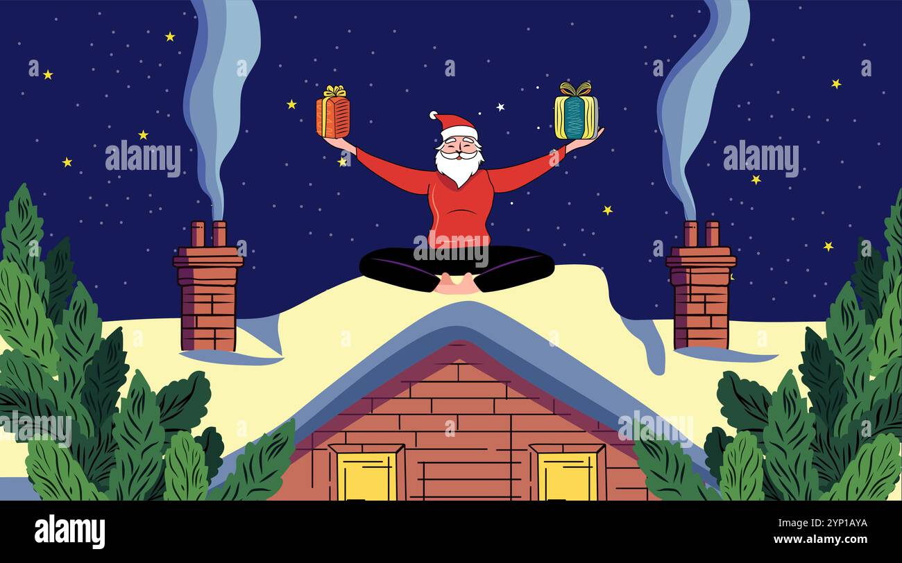 Santa meditating on rooftop holding gifts night sky stars chimney snow ...