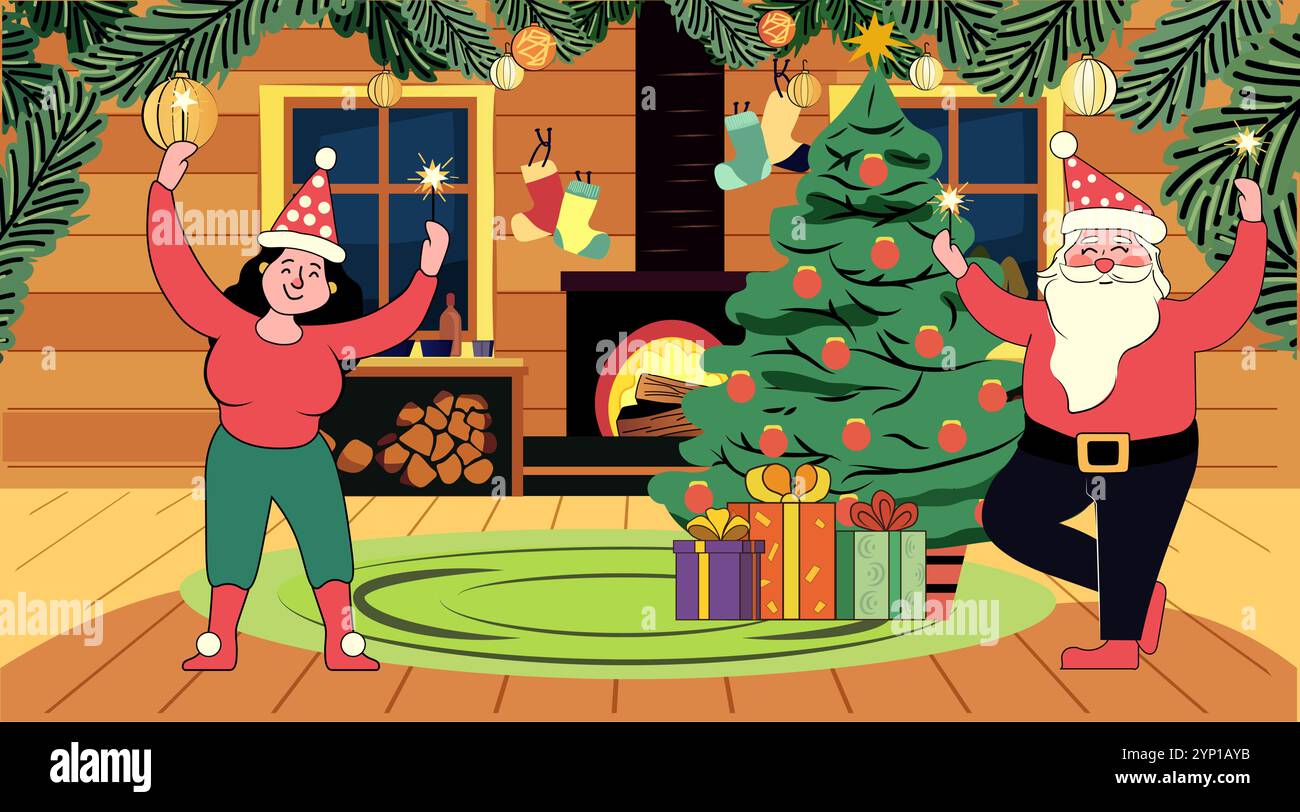 Christmas celebration Santa woman dancing festive cabin scene decorated ...