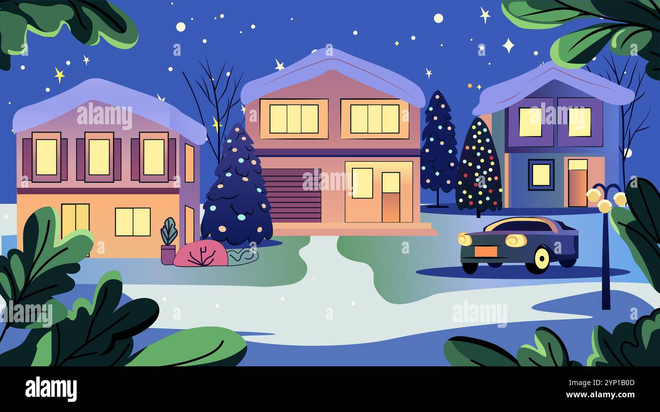 Winter night suburban houses with Christmas lights snowy landscape ...