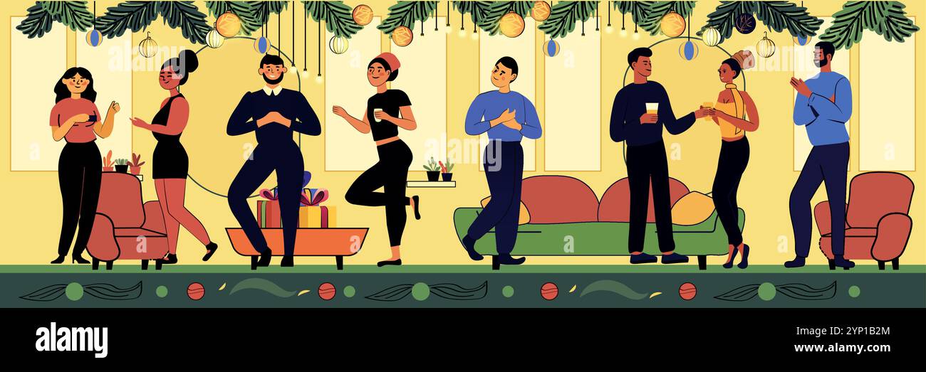 Holiday party celebration people mingling festive decor gifts cozy ...